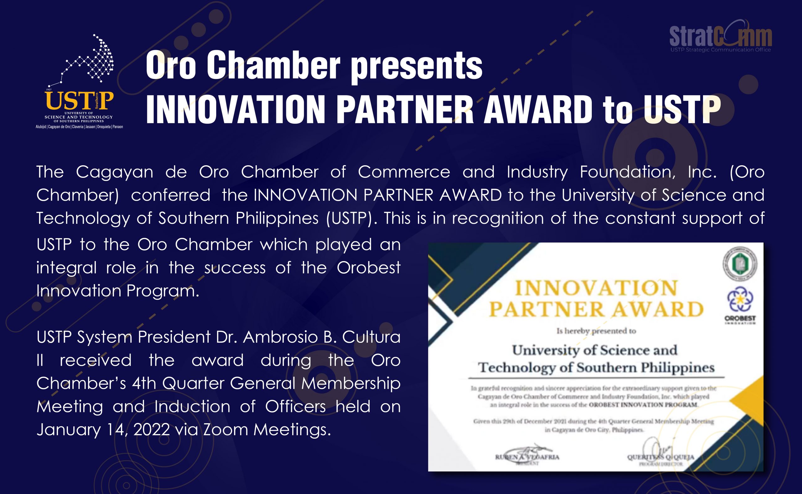 Oro Chamber presents Innovation Partner Award to USTP - University of ...