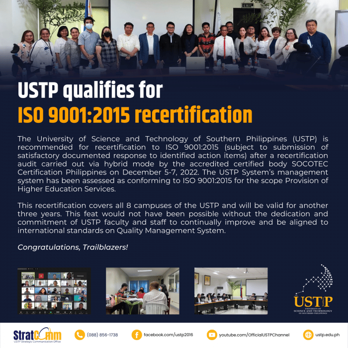 USTP qualifies for ISO 9001:2015 recertification - University of ...