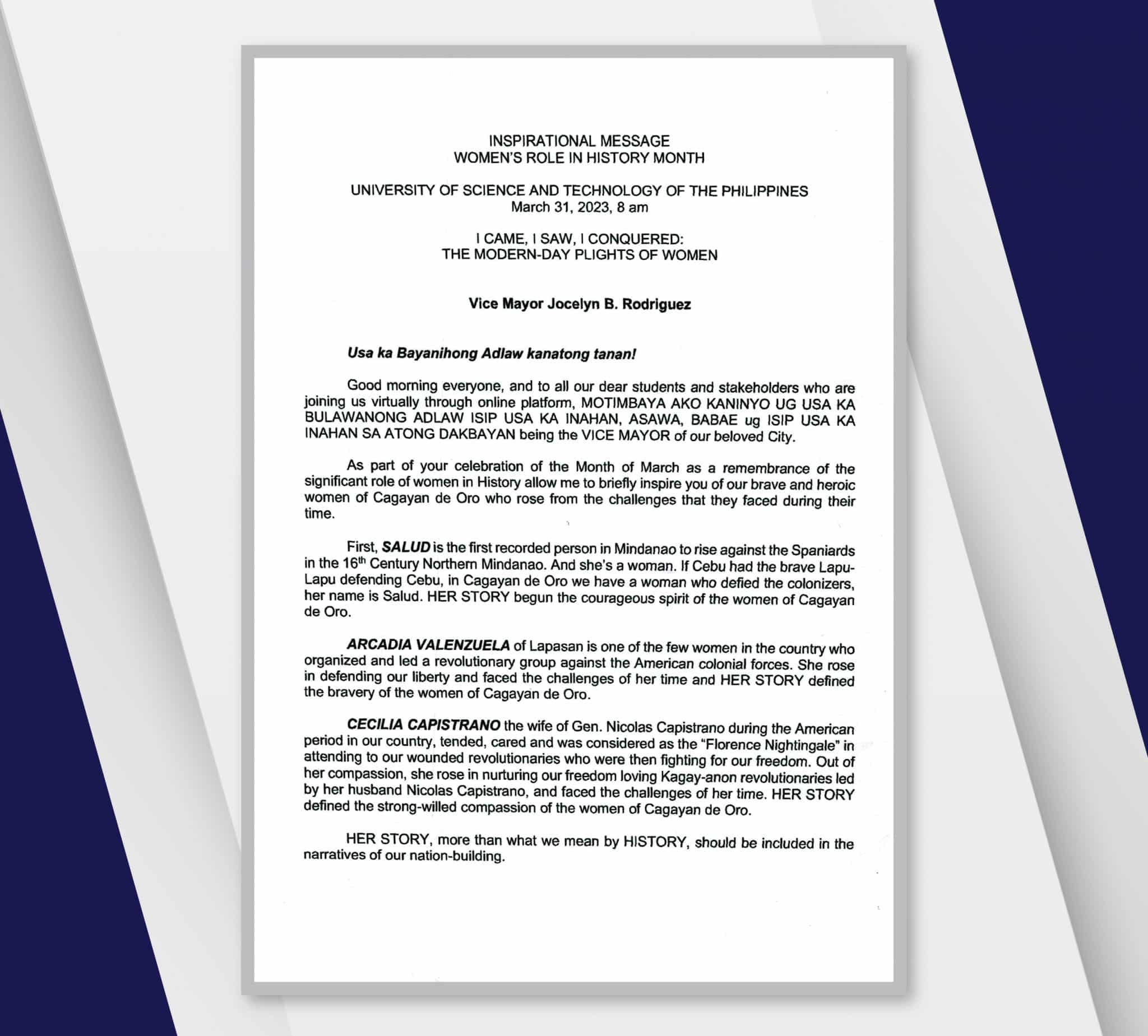 Vice Mayor Rodriguez shares women's role in CDO history through HER ...