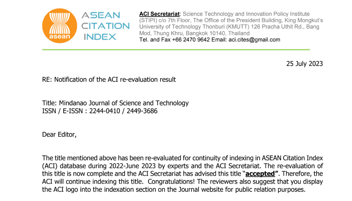 Mindanao Journal of Science and Technology (MJST) maintains presence in ...