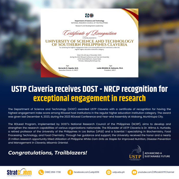 USTP Claveria receives DOST-NRCP recognition for exceptional engagement ...