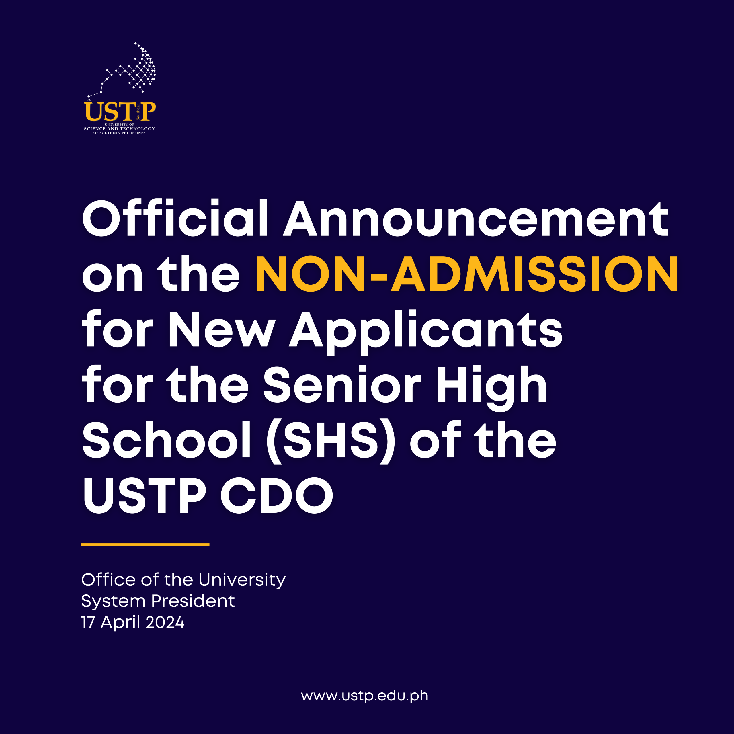 Official Announcement on the Non-Admission for New Applicants for the ...