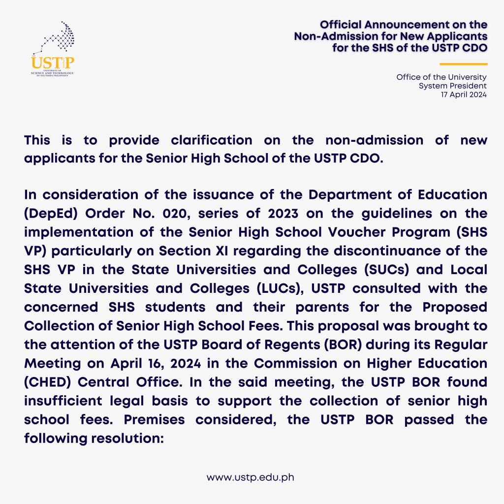 Official Announcement on the Non-Admission for New Applicants for the ...