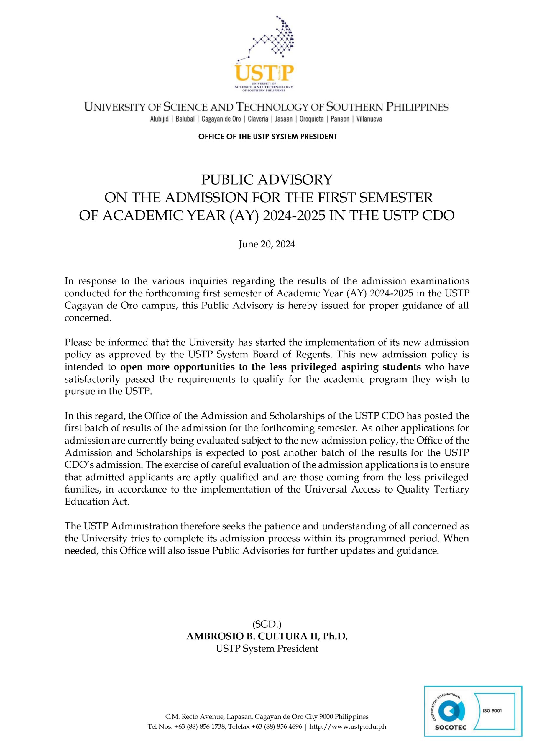 Public Advisory on the Admission for the First Semester of Academic Year (AY) 2024-2025 in the ...