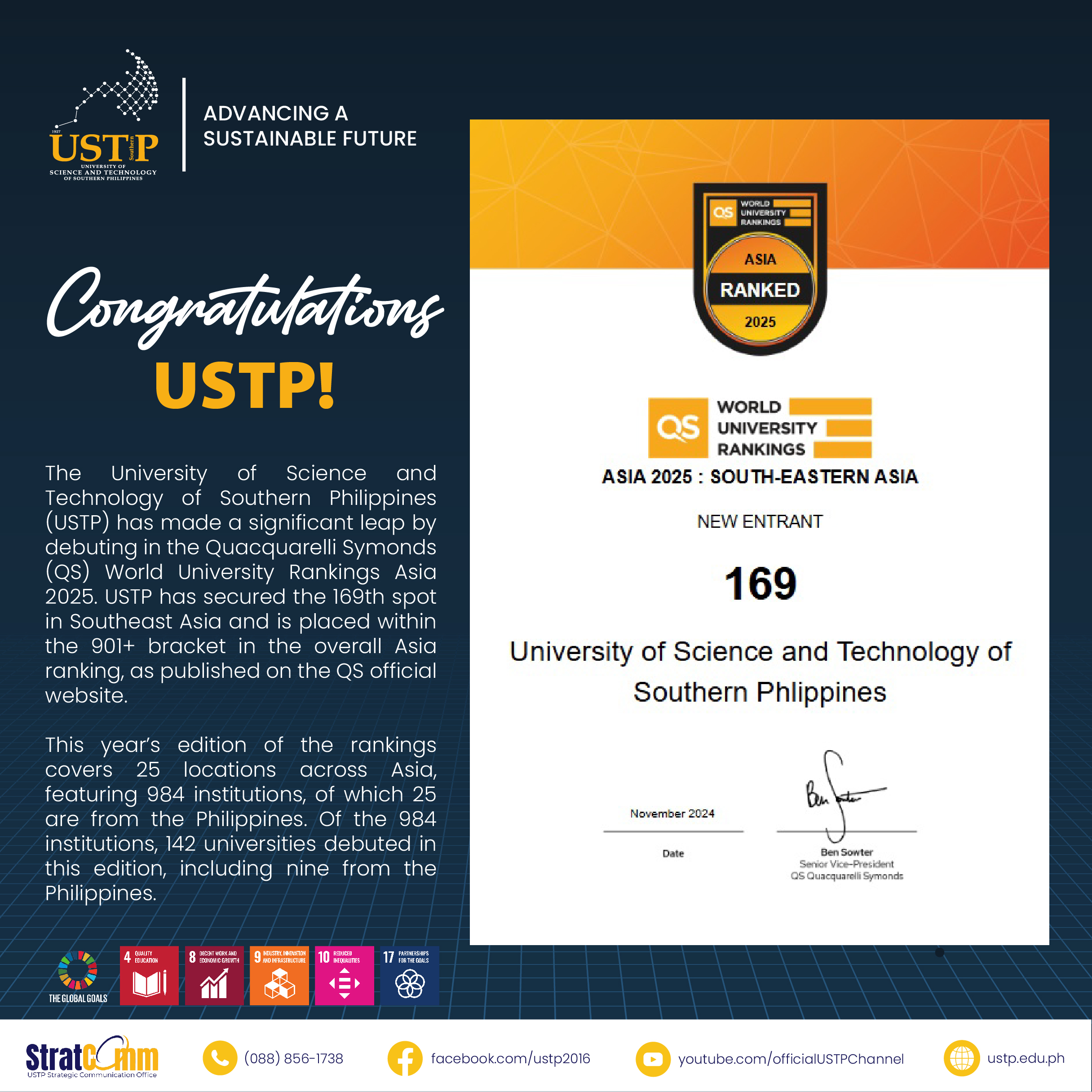 USTP achieves landmark entry in QS World University Rankings Asia 2025 ... USTP achieves landmark entry in QS World University Rankings Asia 2025 ...