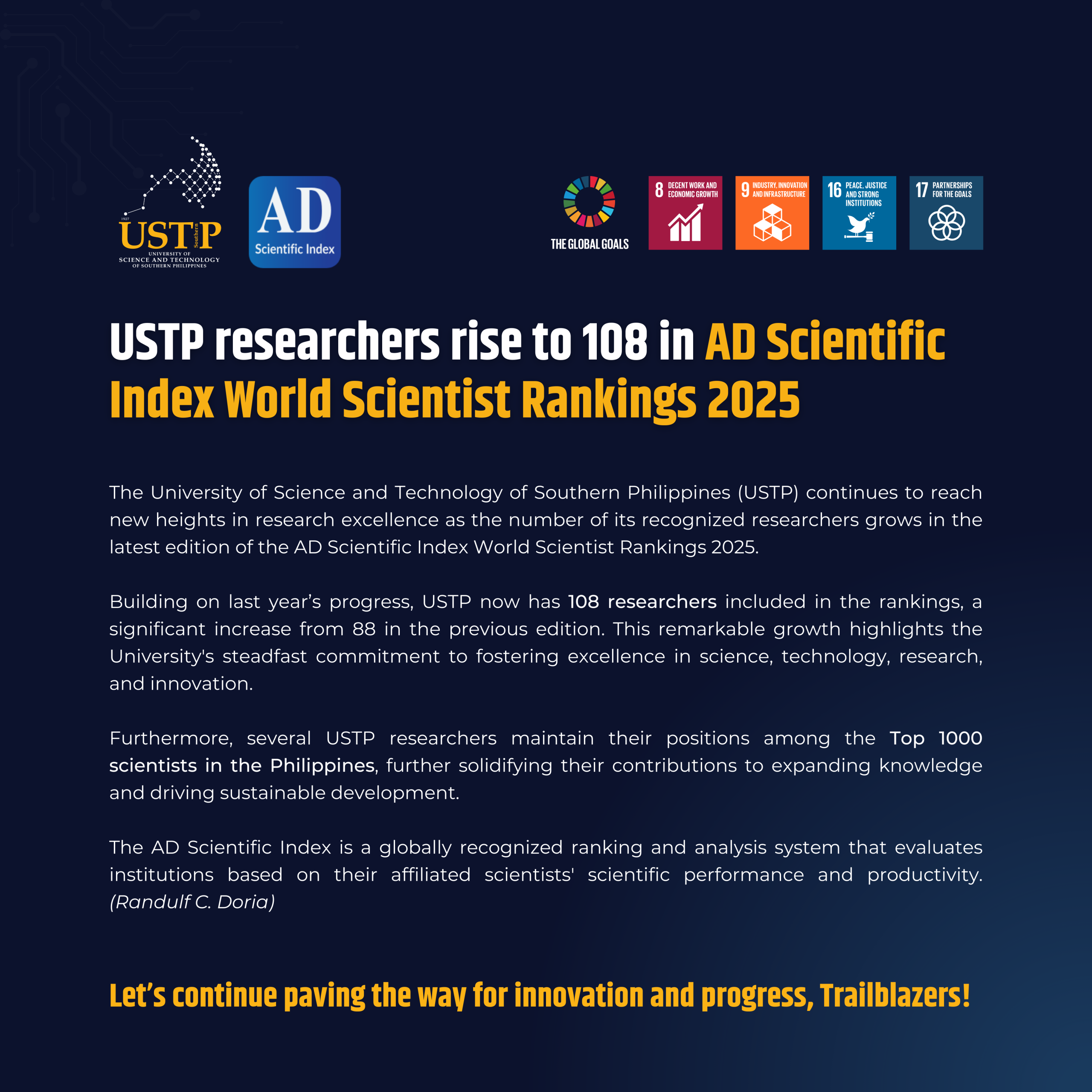 USTP researchers rise to 108 in AD Scientific Index World Scientist ...